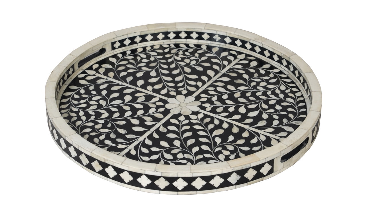 Bone Inlay Serving Tray – Black & White Floral Vine Motif, Quatrefoil ...