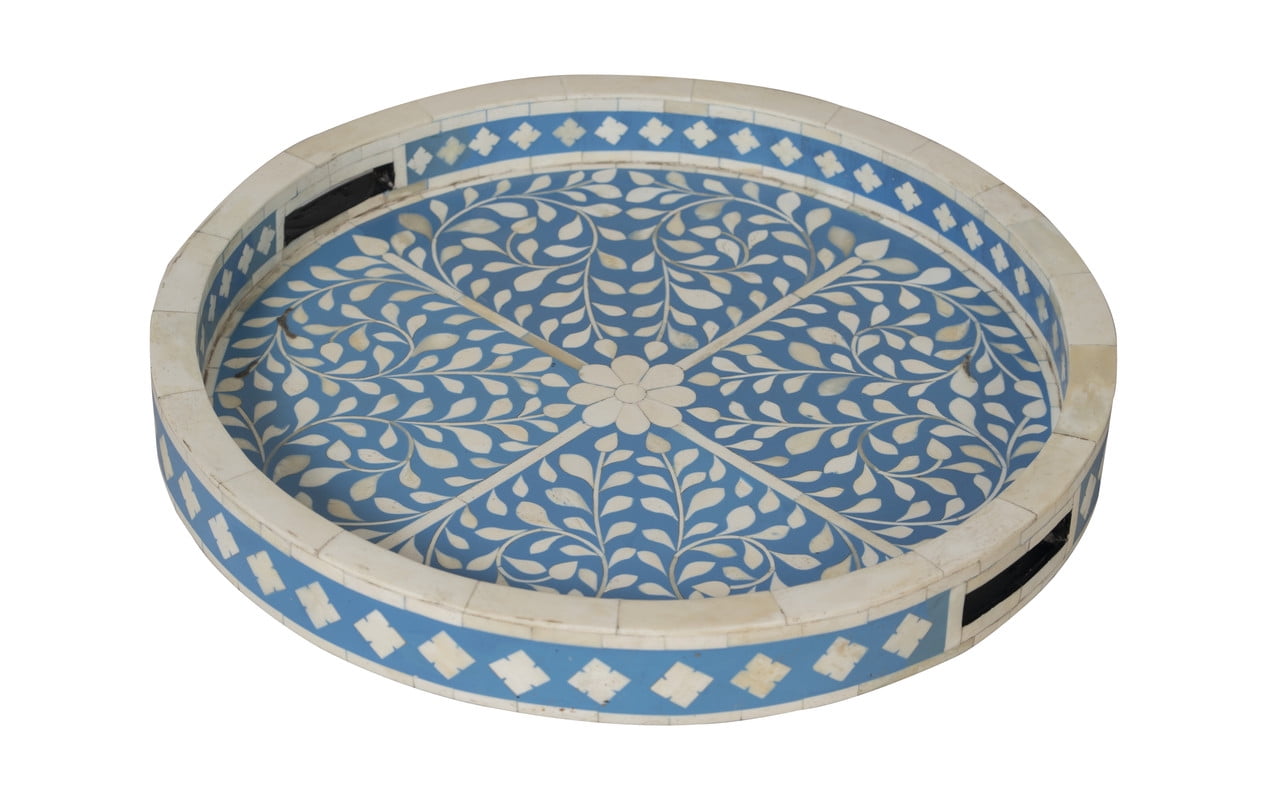 Bone Inlay Serving Tray – Sky Blue with White Floral Vine Motif ...