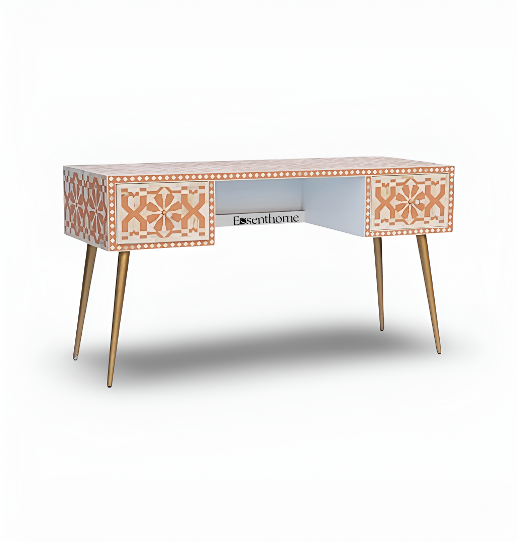 Bone Inlay Study Desk – Orange Resin, Dual Drawers, Compass Geometric ...