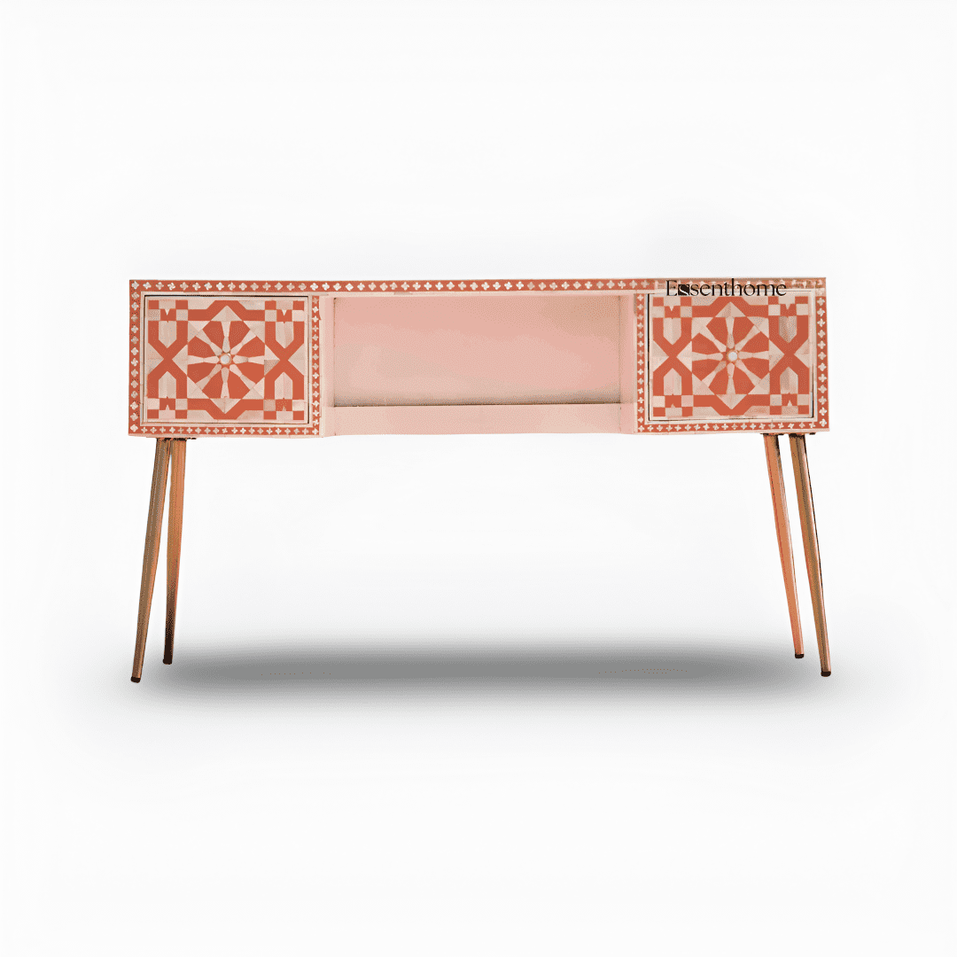 Bone Inlay Study Desk, Orange Resin Inlay, Geometrical Compass Pattern ...