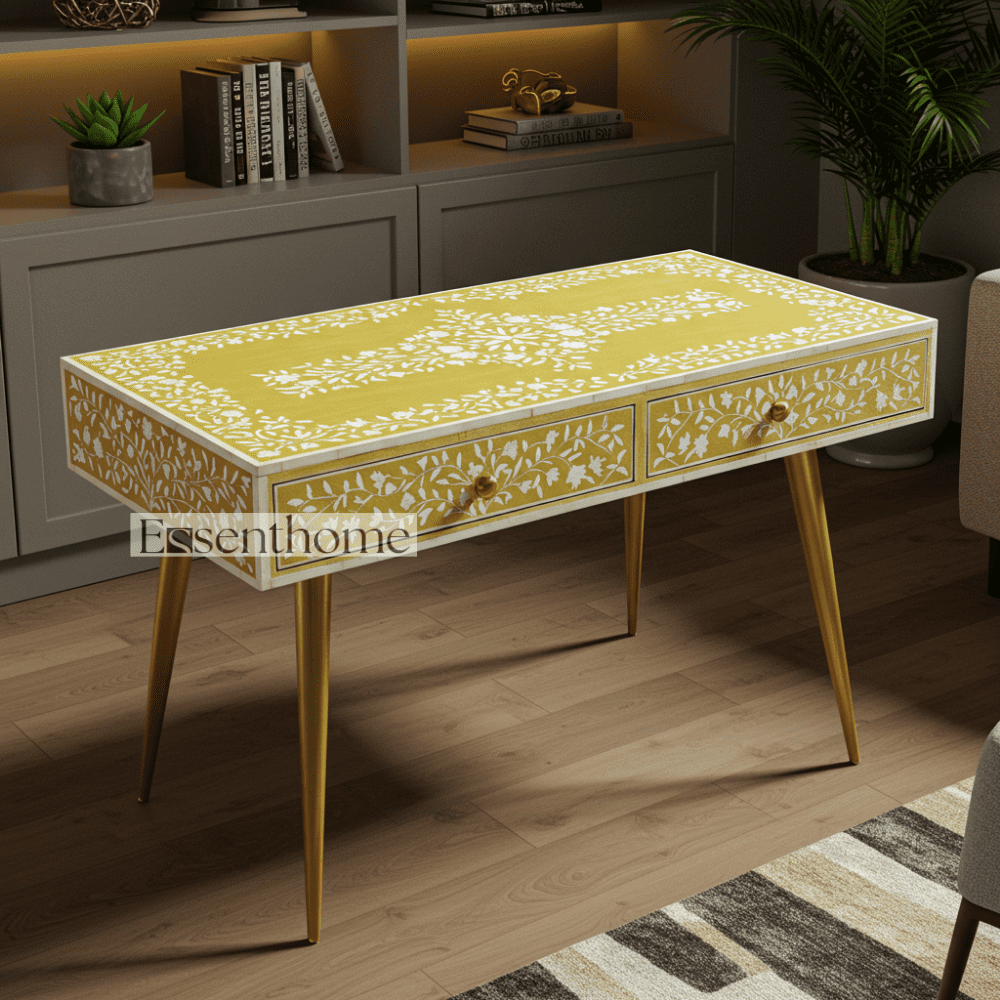 Bone Inlay Study Desk with 2 Drawers, Handcrafted Floral Design, Solid ...