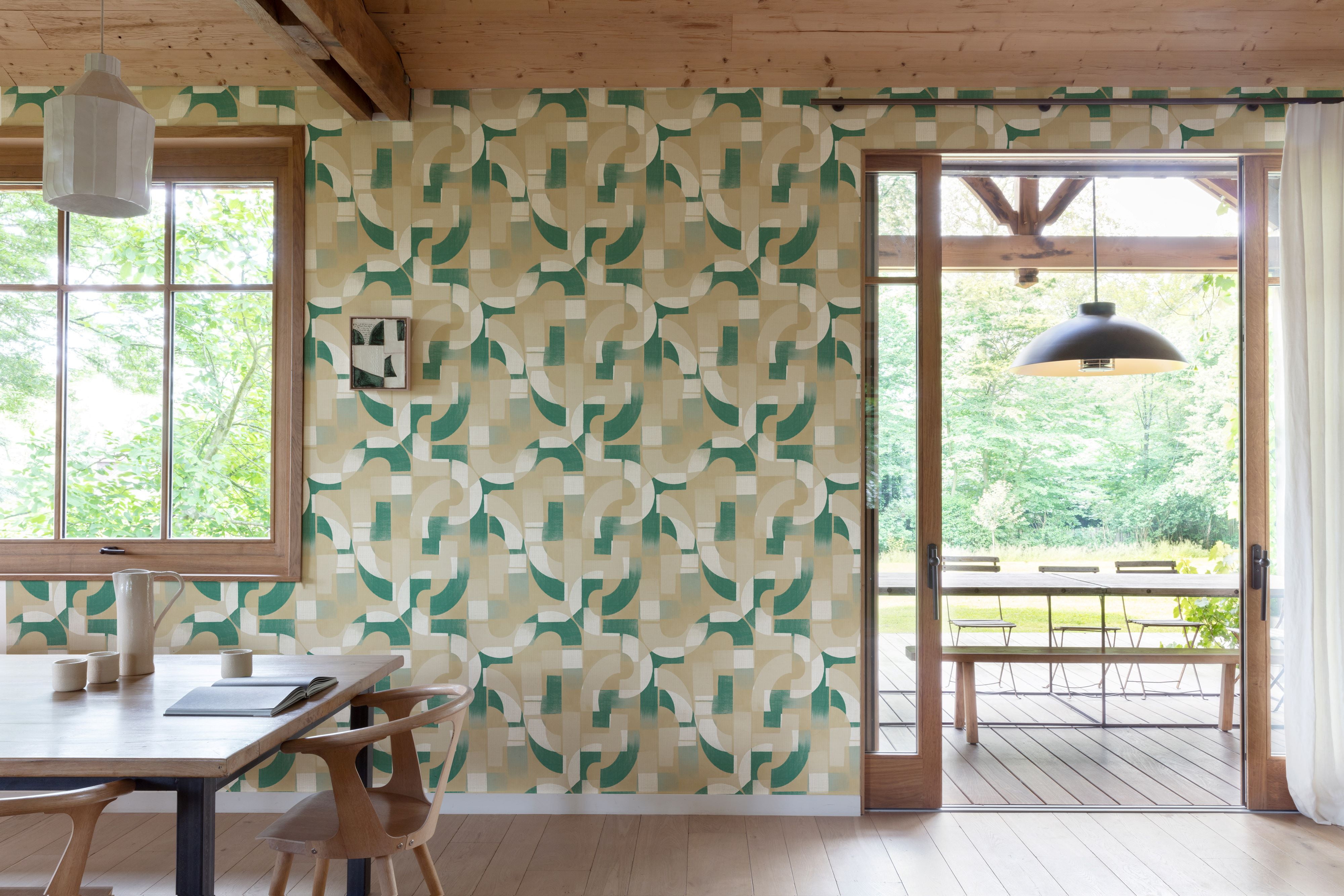 Bone/Viridian Green Geometric Collage Print Non Woven Non-Pasted ...