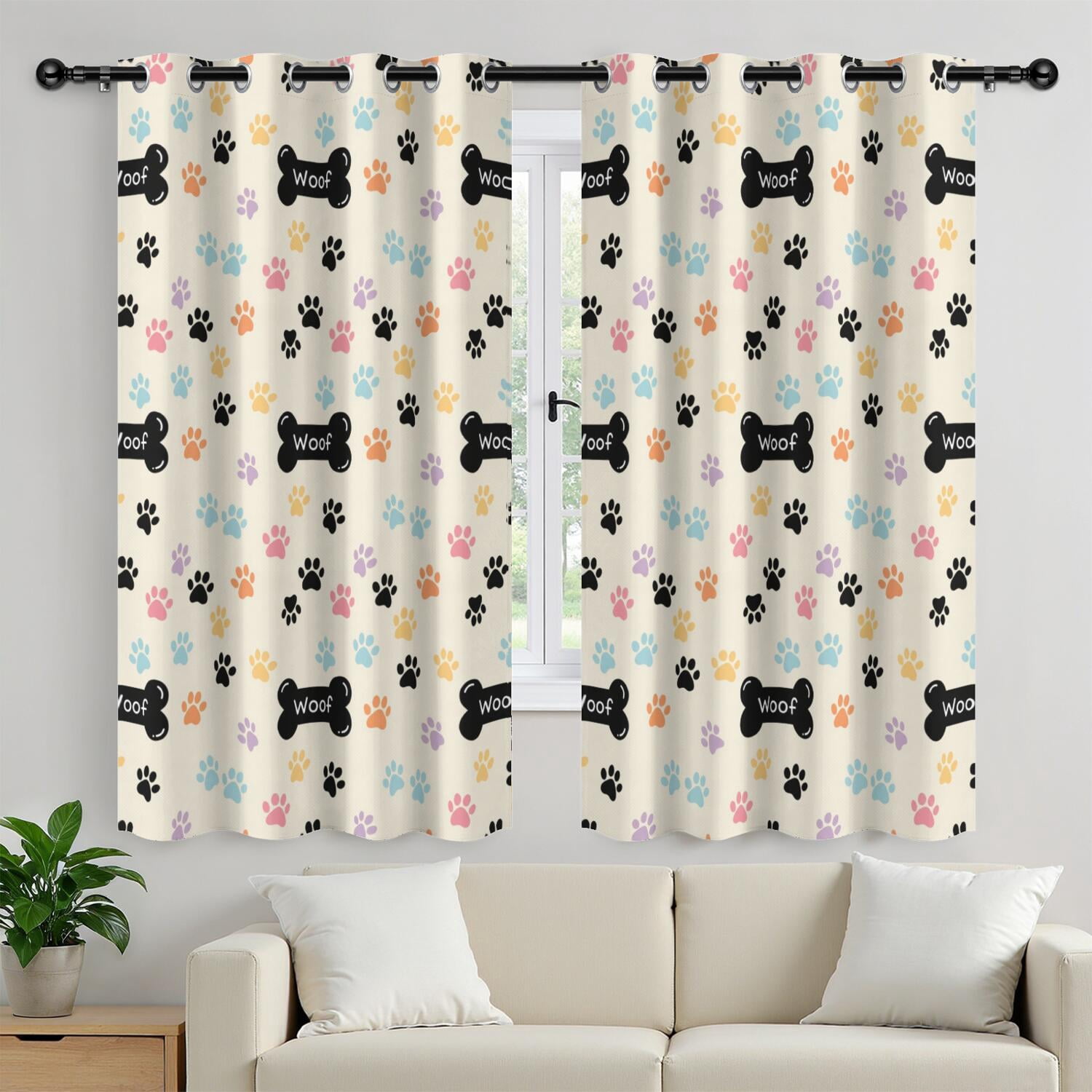 Bone and Dog Paw Print Beige Pattern Blackout Curtains,Triple Weaved ...