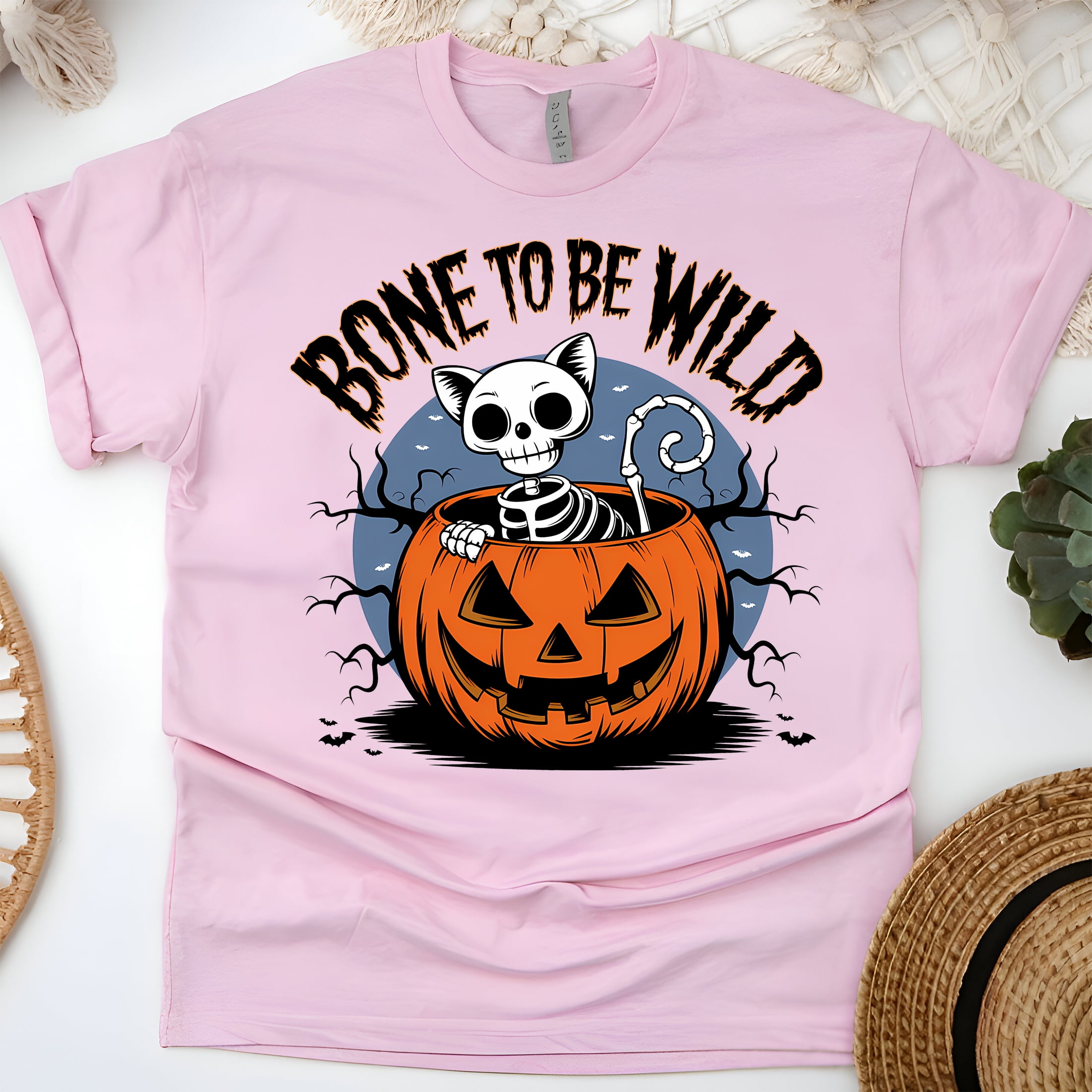 Bone to Be Wild Cat Skeleton Shirt for Adults, Funny Spooky Pumpkin Tee ...