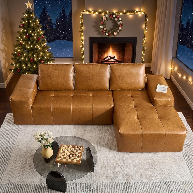Boneless Brown Faux Leather Cloud Sectional Sofa with Chaise,L Shaped ...