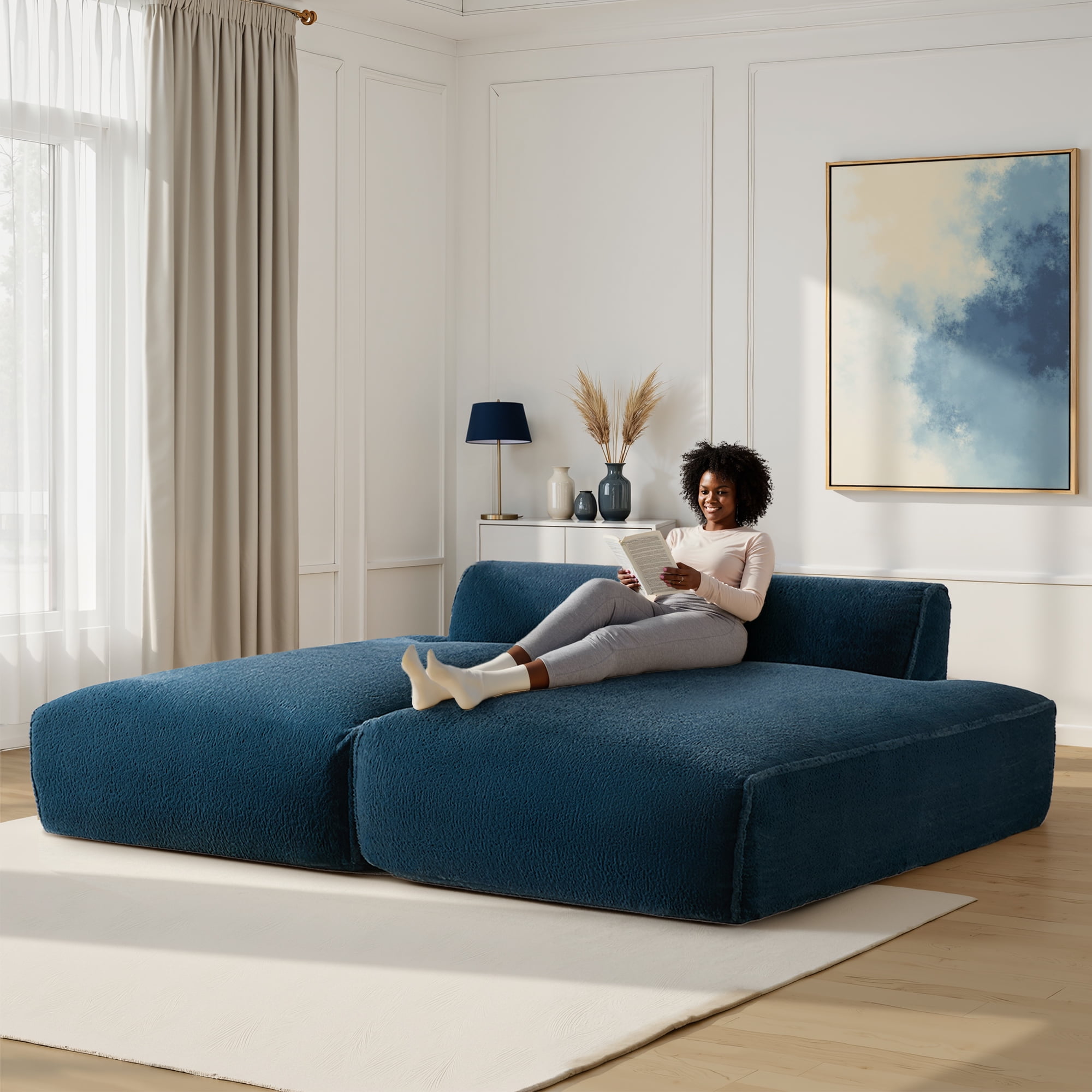 Boneless Couch Bed Sectional Sleeper Sofa Queen Double Chaige Sofa Blue ...