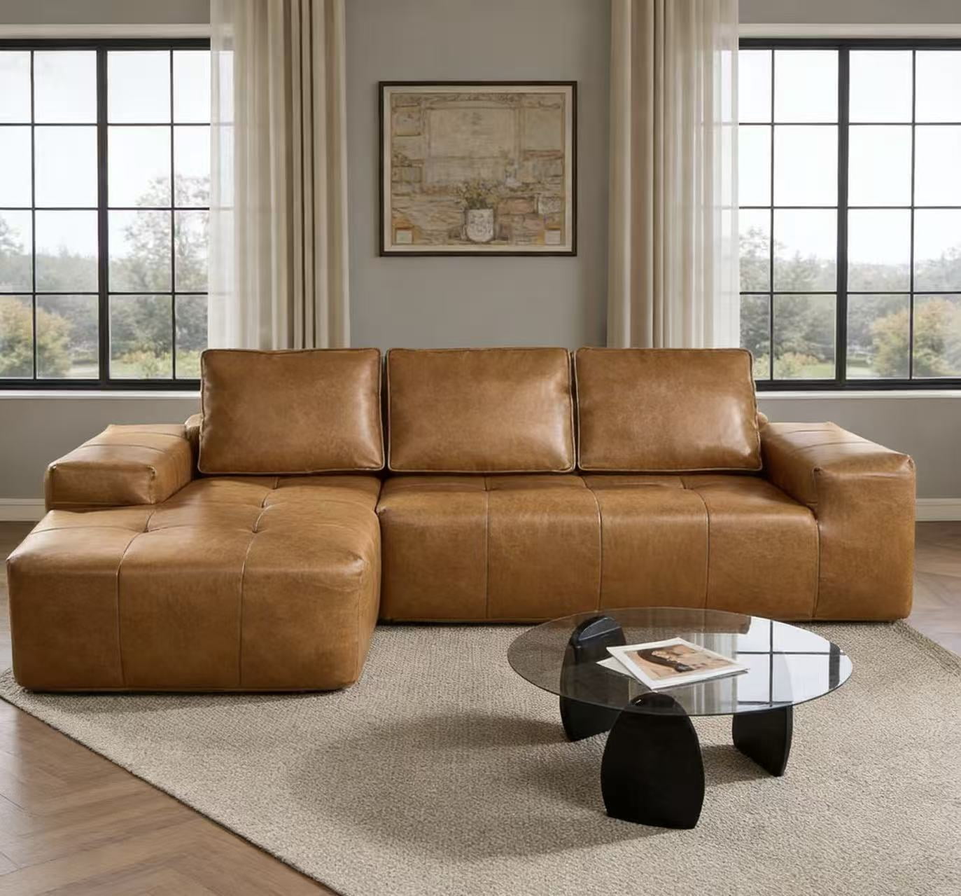 Boneless Couches for Living Room, Brown Faux Leather Cloud Sectional ...