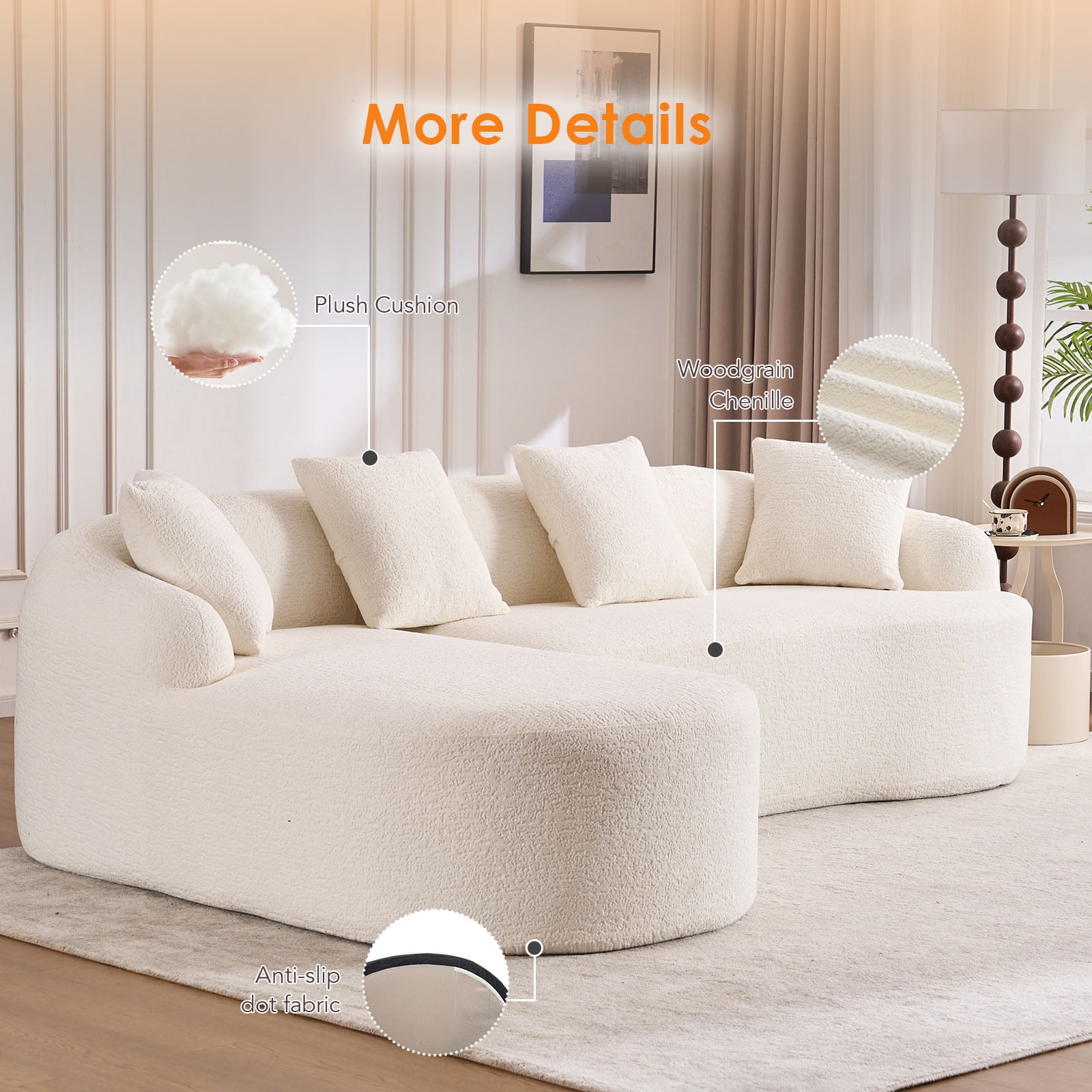 Boneless L-Shape Sectional Sofa with Curved Chaise,White Modular ...