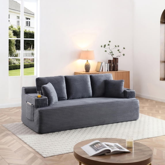 Boneless Sofa, 3-Seater Floor Couch with Cup Holders and Side Pockets ...