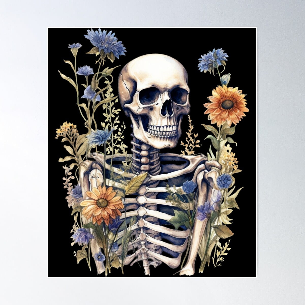 Bones And Botany In Watercolor Style Flower Skeleton Poster Wall Art ...