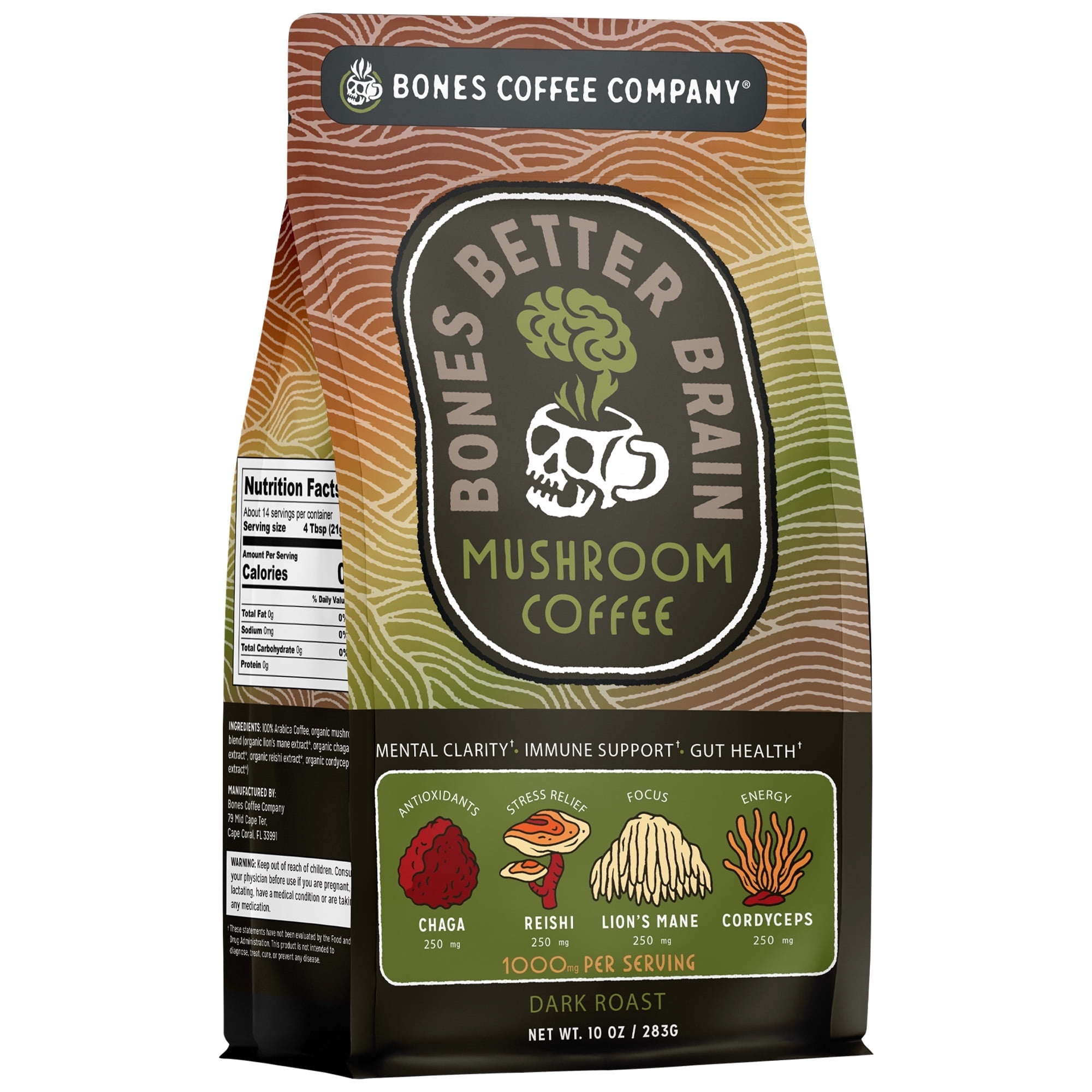 Bones Coffee Company Better Brain Mushroom Dark Roast Ground Coffee ...