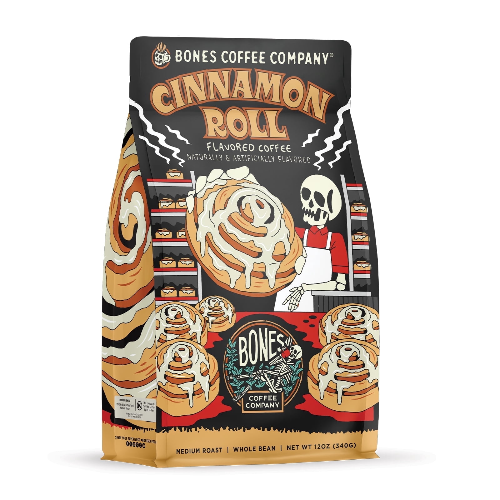 Bones Coffee Company Cinnamon Roll Flavored Coffee | Ground Coffee 12oz ...