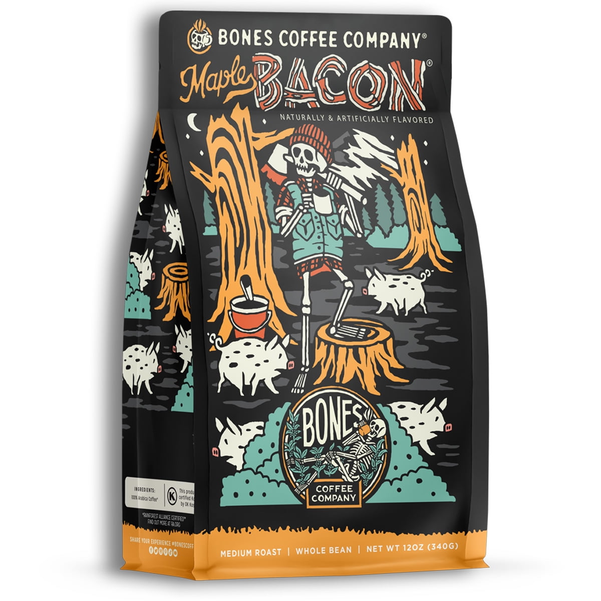 Bones Coffee Medium Roast Whole Bean Coffee | 12 oz Maple Bacon ...