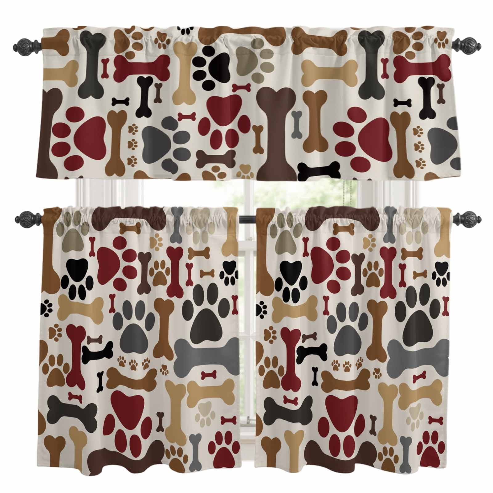 Bones Dog Claws Curtain Valances Set Red Brown Black Bone Footprints ...