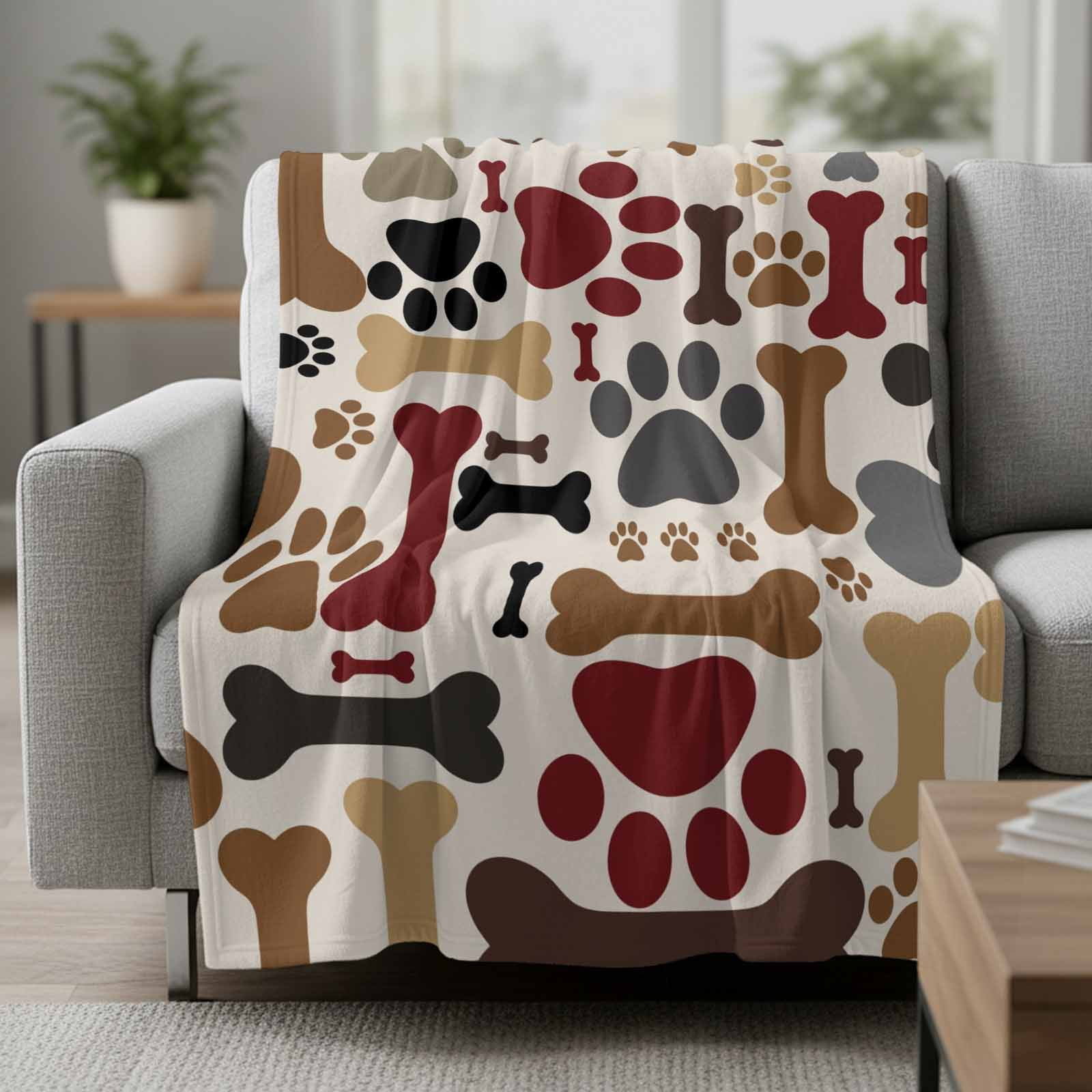 Bones Dog Claws Fleece Throw Blanket Red Brown Black Bone Footprints ...