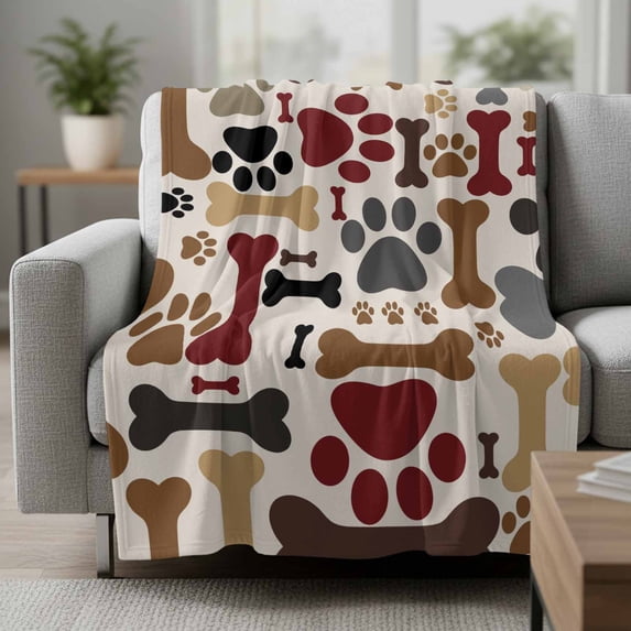 Bones Dog Claws Fleece Throw Blanket Red Brown Black Bone Footprints ...