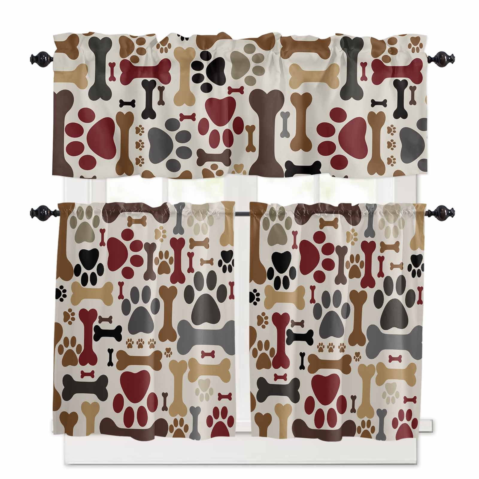 Bones Dog Claws Window Curtains Valance Set of 3 Red Brown Black Bone ...