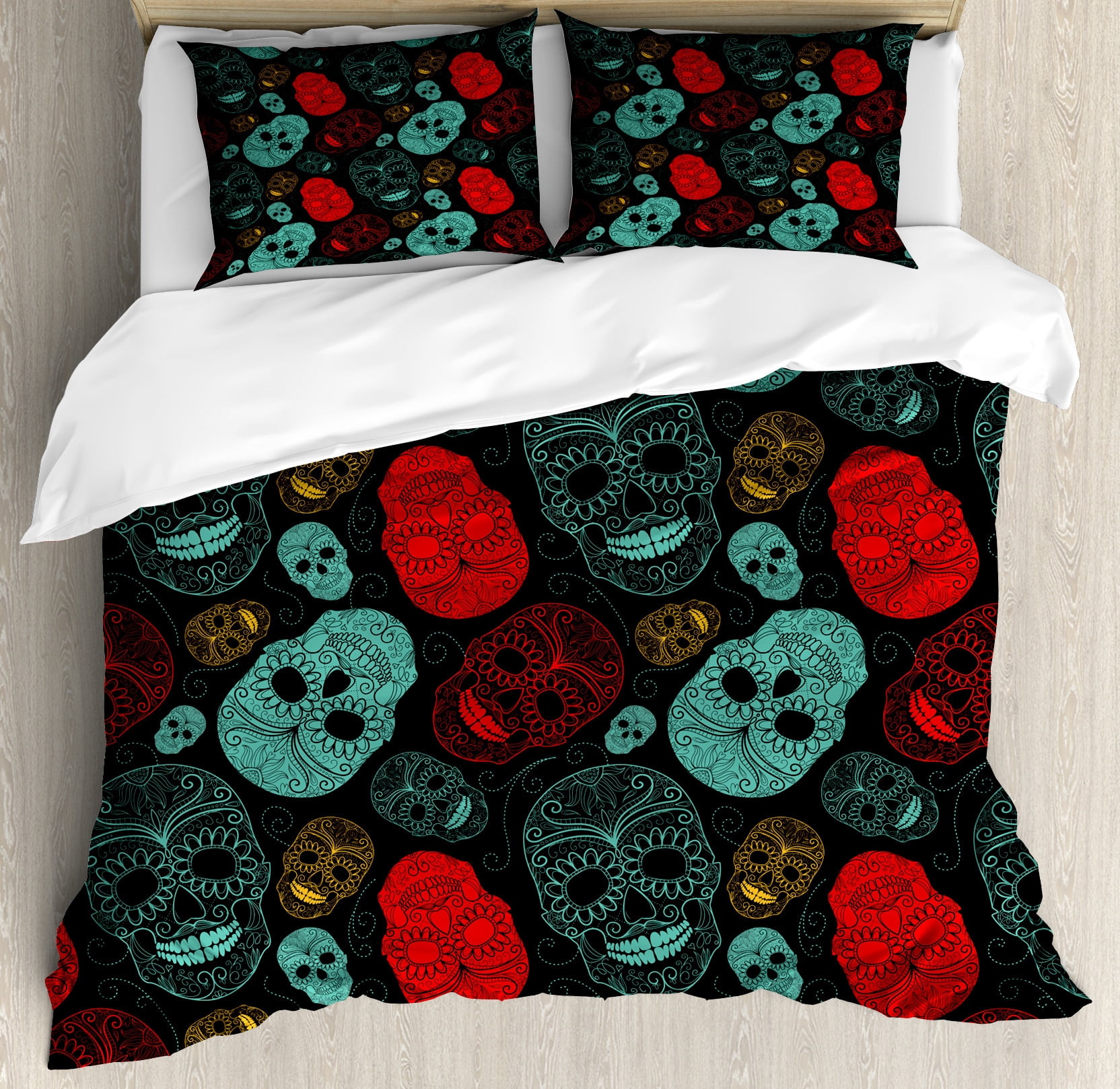 Bones Duvet Cover Set, Day of the Dead Inspired Ornamental Skulls ...