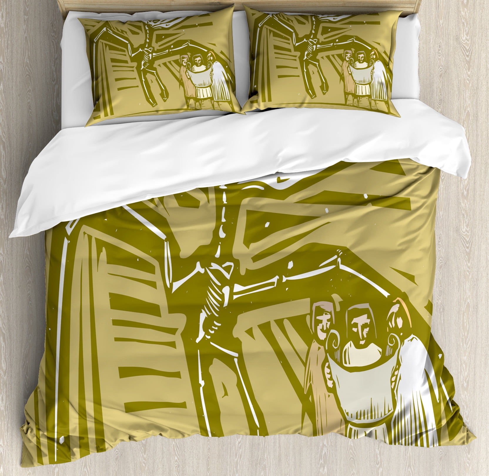 Bones Duvet Cover Set, Woodcut Style Image of Paleontologists Studying ...