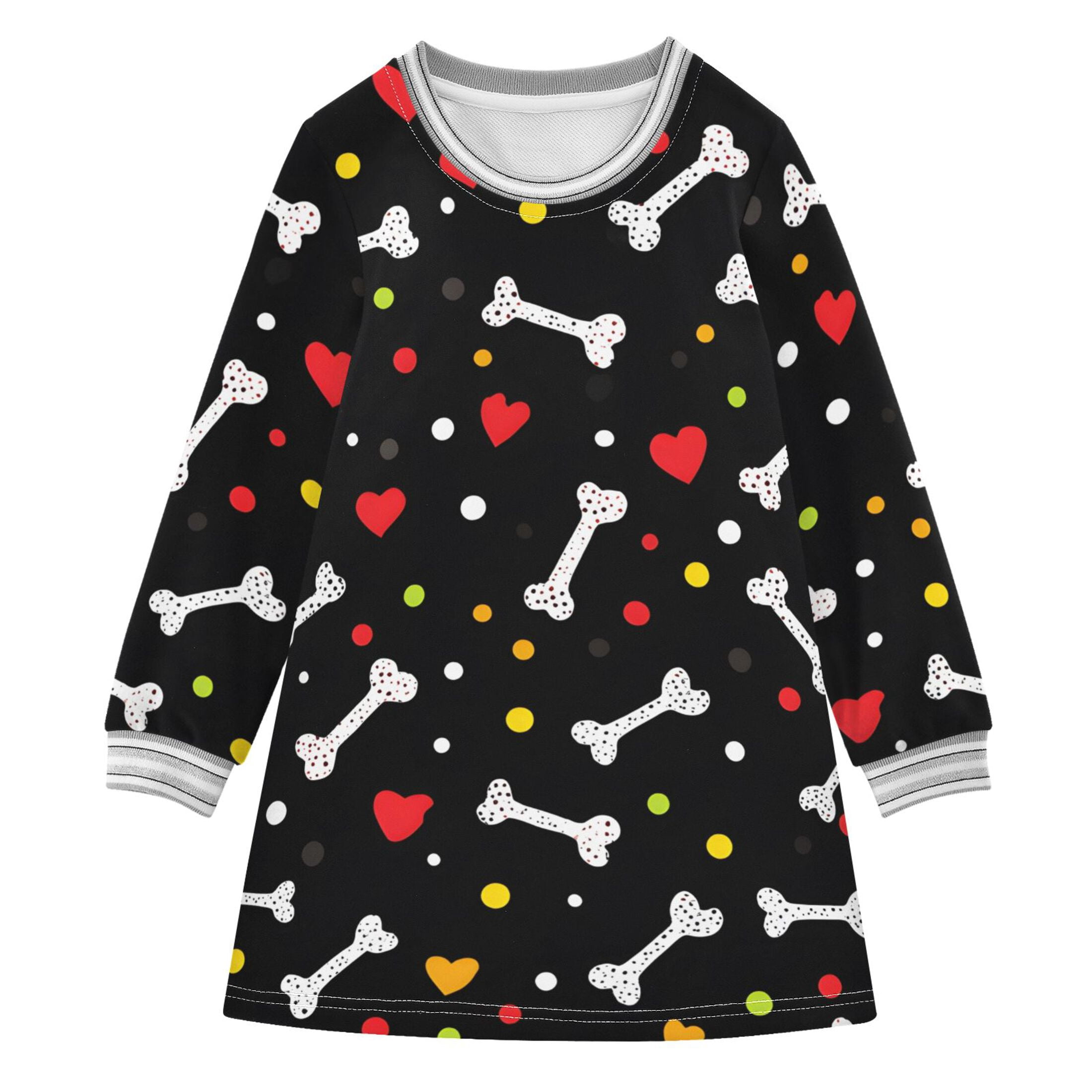 Bones Hearts Dots Valentine Long-sleeved Dress A-line One-Piece Dress ...