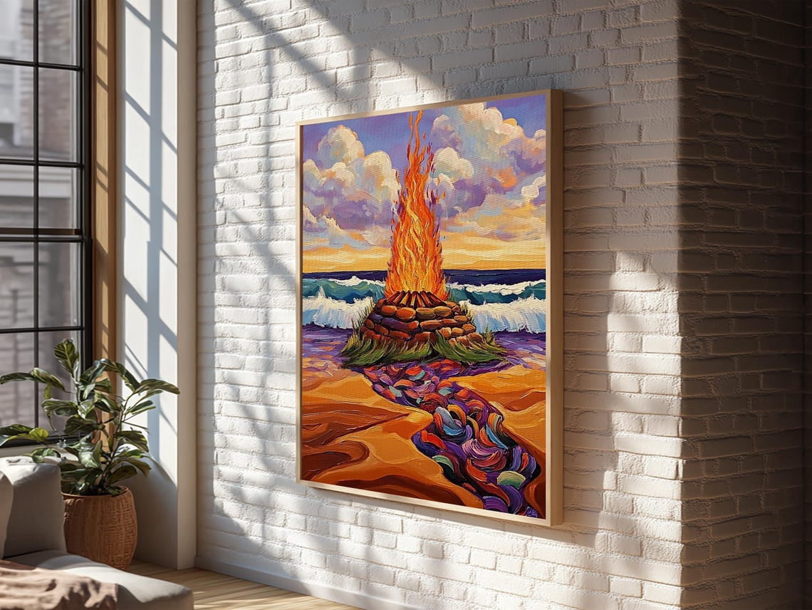 Bonfire Beach Twilight Ocean Waves Fall Wall Art Poster, Unframed Size ...