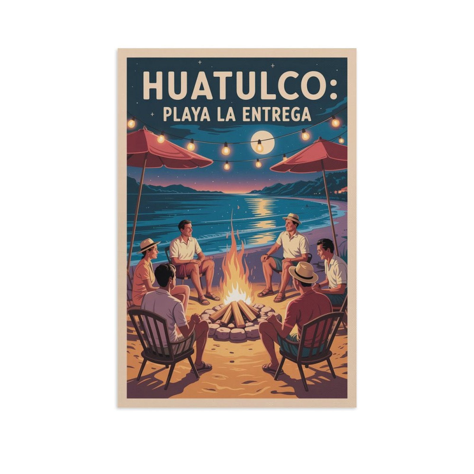 Bonfire Beach Wall Art Playa La Entrega Mexico Retro Travel Poster ...