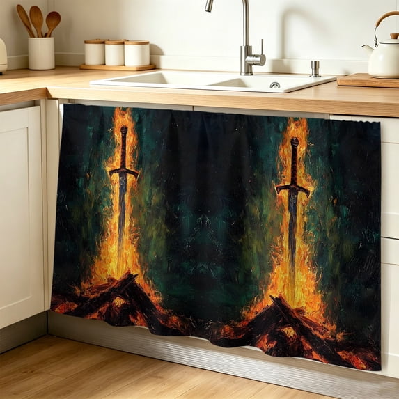 Bonfire Sword Cabinet Curtain 28"W x 51"L, Abstract Art Fantasy Vintage ...