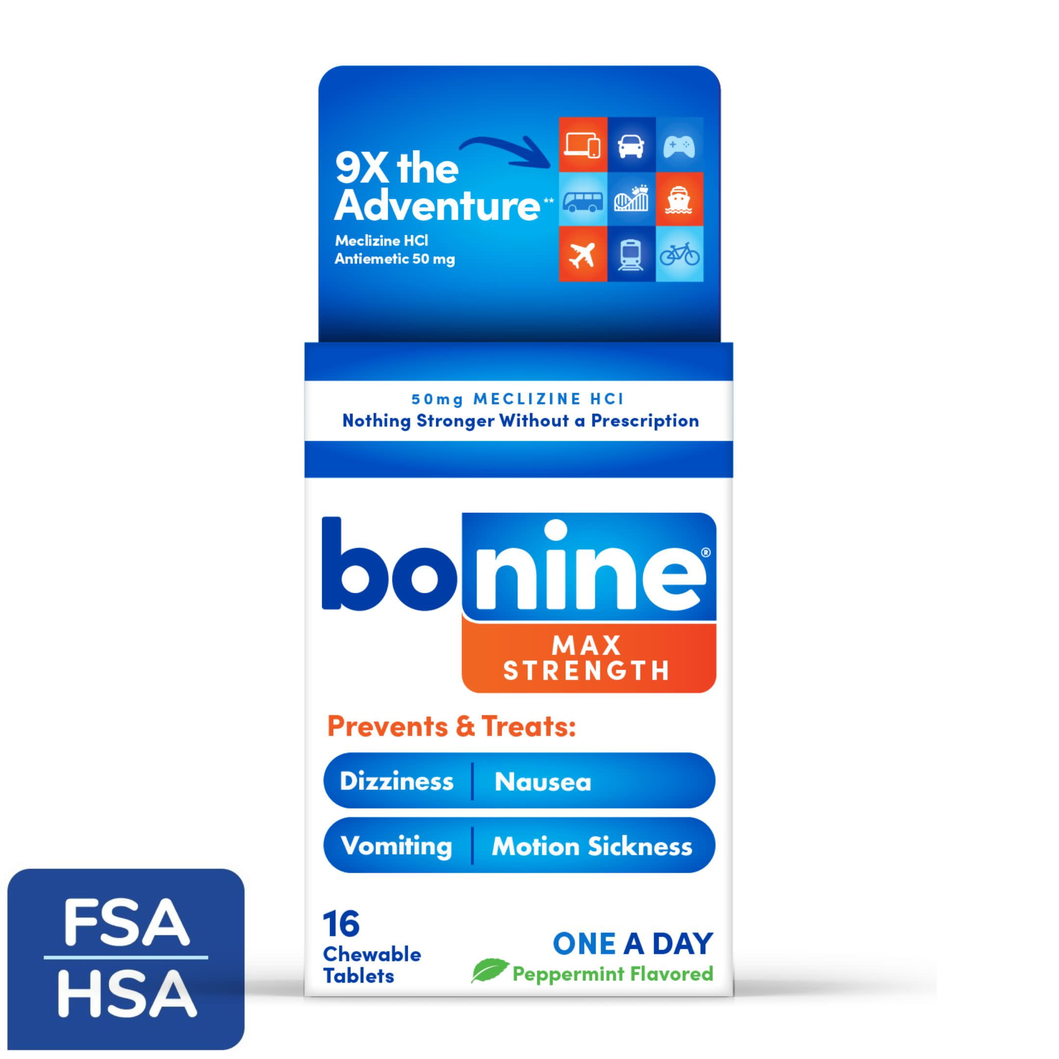 Bonine Max Strength Motion Sickness & Nausea Relief, Chewable Tablets ...
