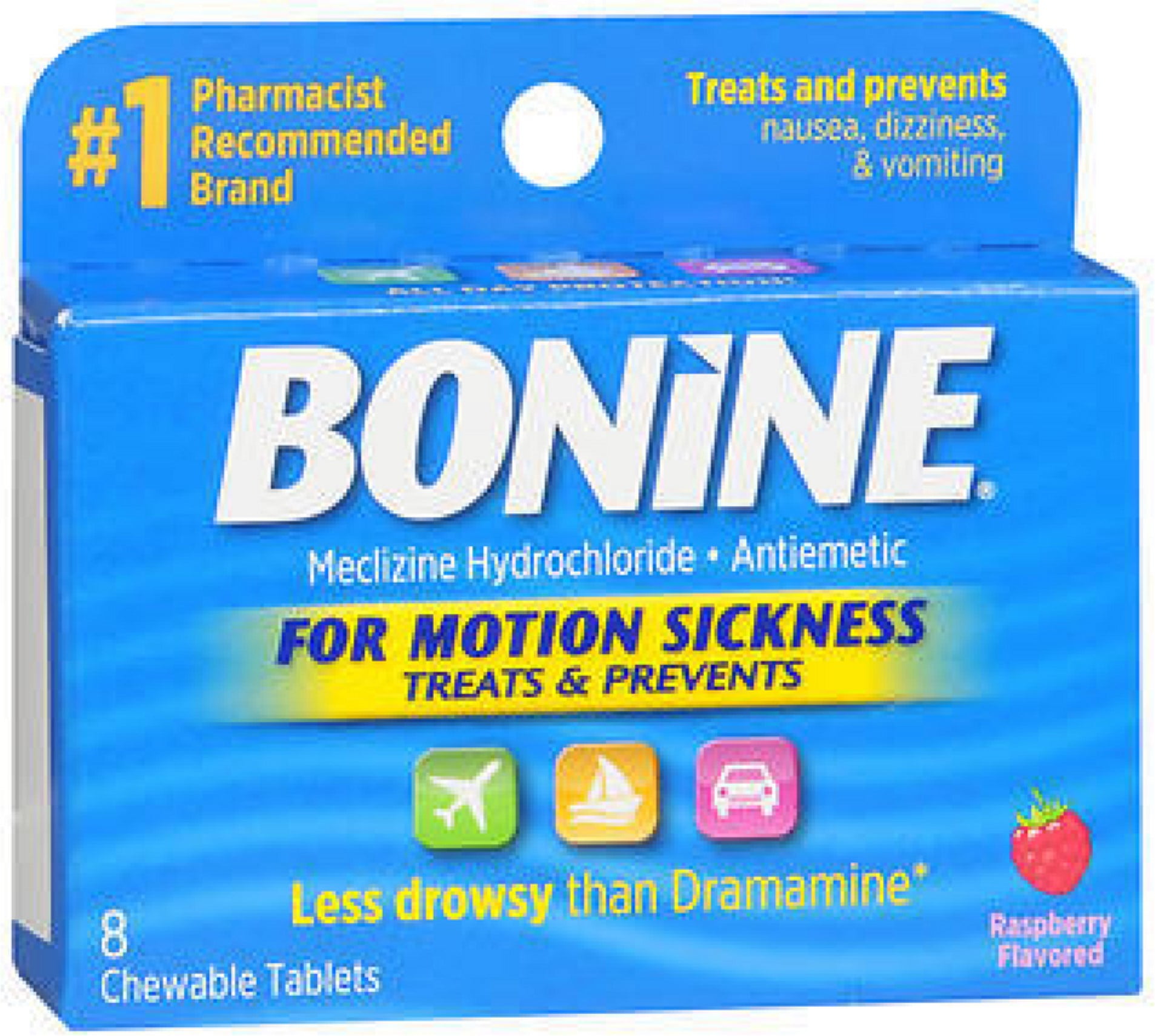 Bonine Motion Sickness Protection, Chewable Tablets, Raspberry 8 ea ...