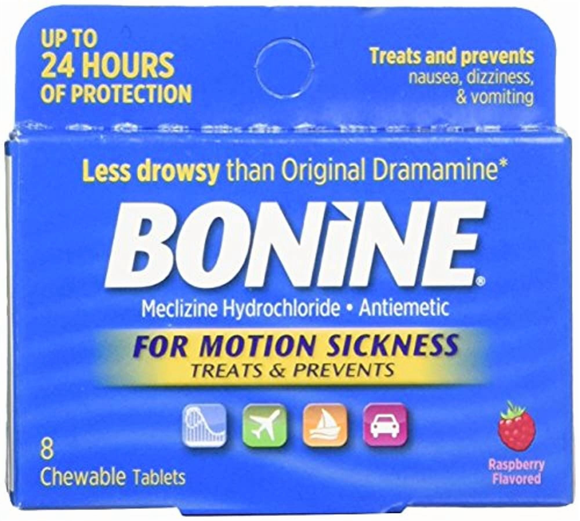 Bonine Motion Sickness Protection, Chewable Tablets, Raspberry 8 ea HSA ...