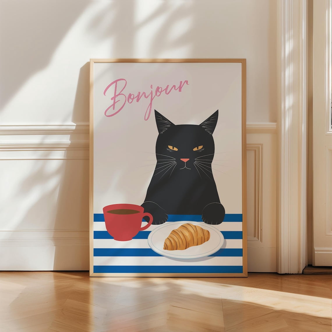 Bonjour Black Cat Coffee French Kitchen Wall Art, Unframed Paper Print ...