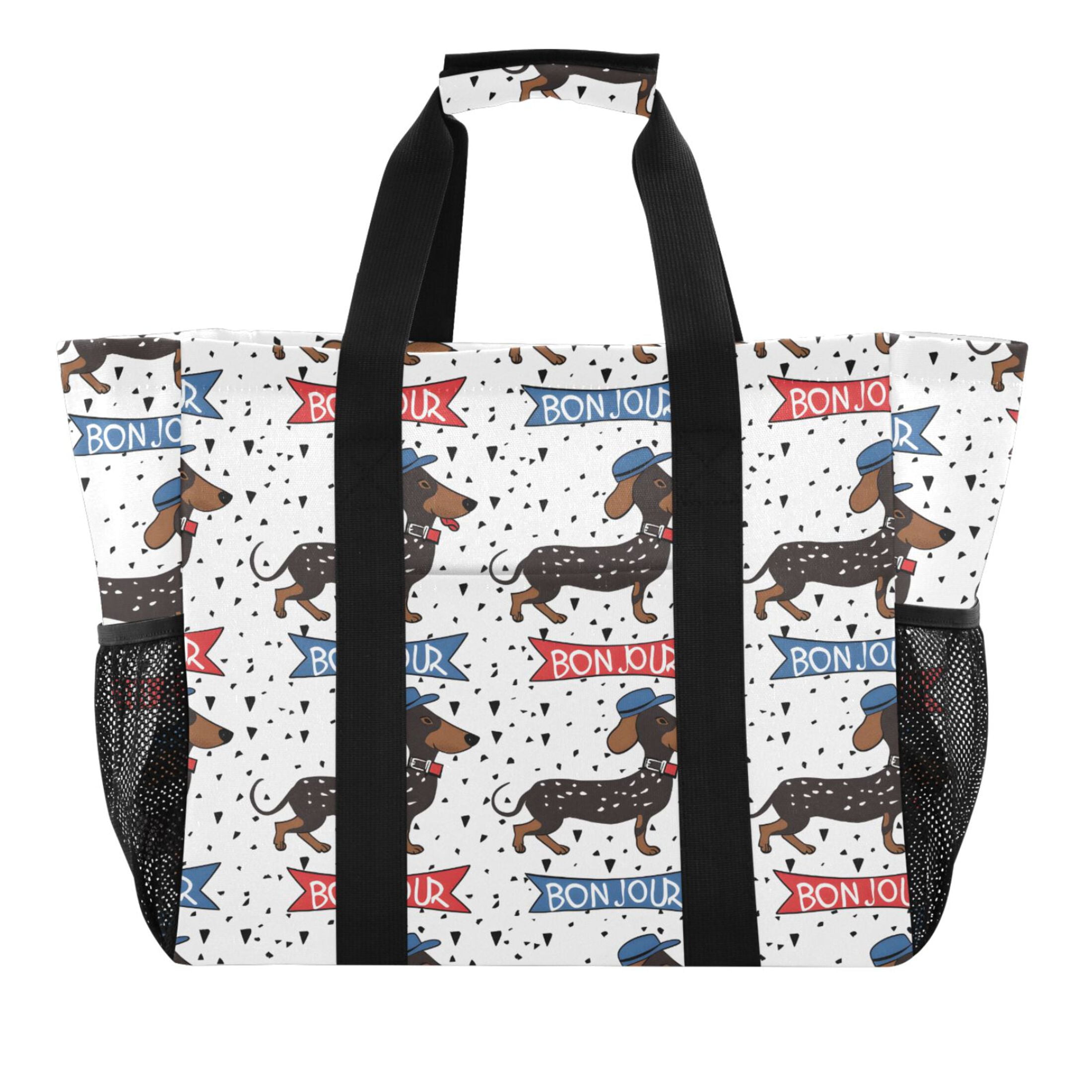 Bonjour Dachshund Dogs Reusable Grocery Bags with Handle Side Pocket ...