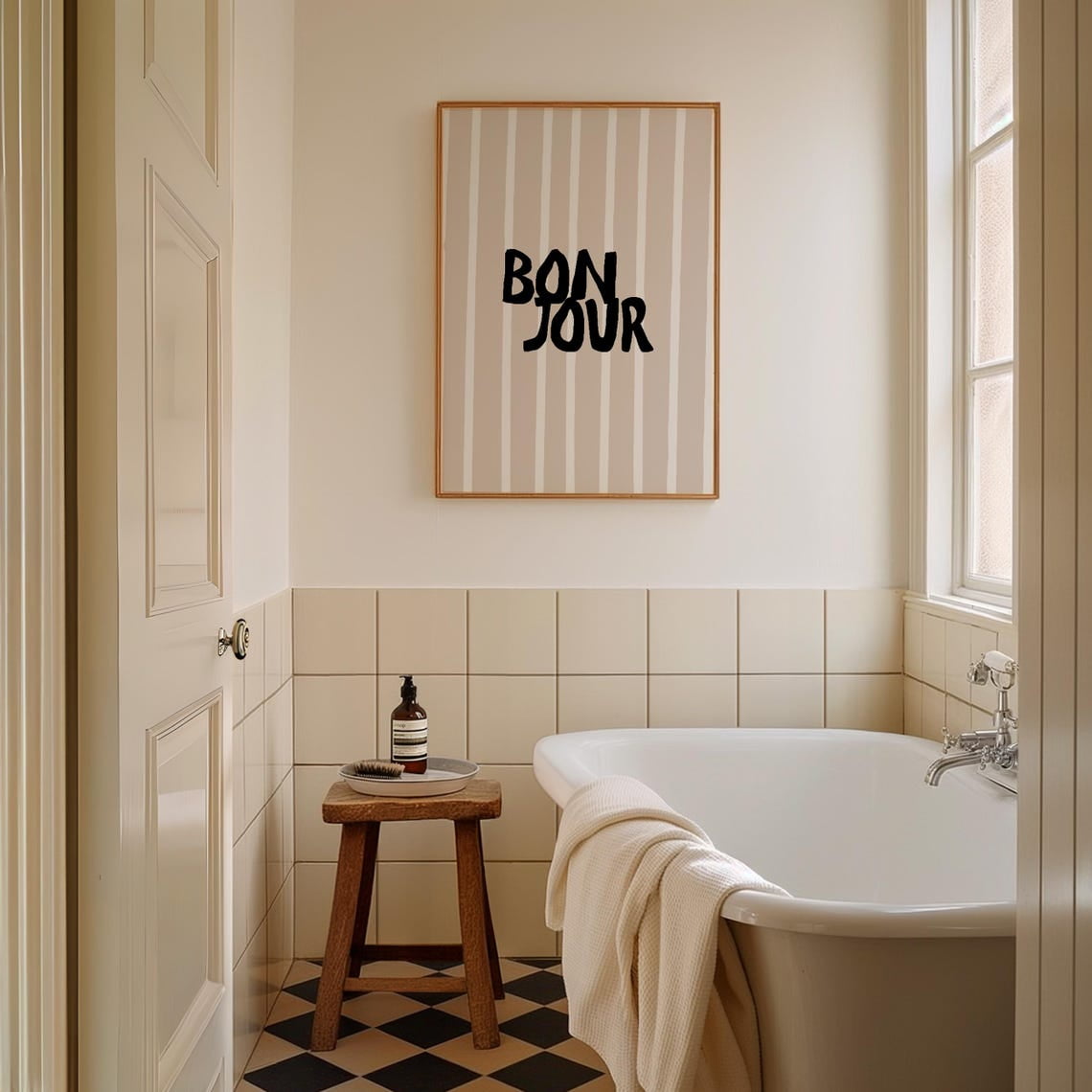 Bonjour French Typography Print Black Lettering Beige Stripes Hand ...