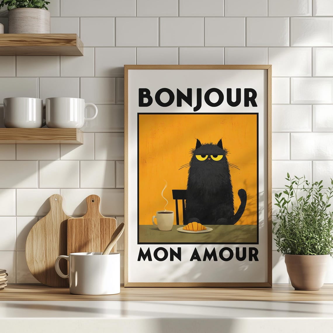 Bonjour Mon Amour Black Cat Chat Noir Retro French Breakfast Decor ...