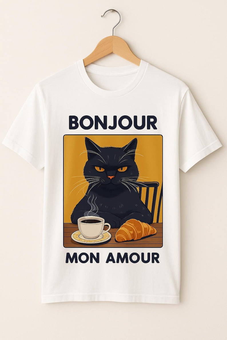 Bonjour Mon Amour Cat Shirt French Café Black Cat Coffee Croissant ...