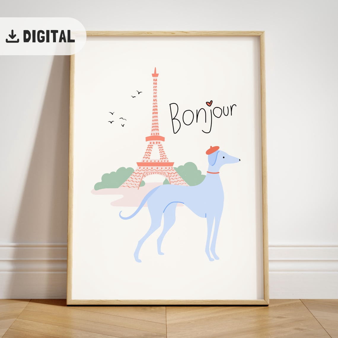 Bonjour Paris Art Poster, Dog French Wall Decor Eiffel Tower, Parisian ...