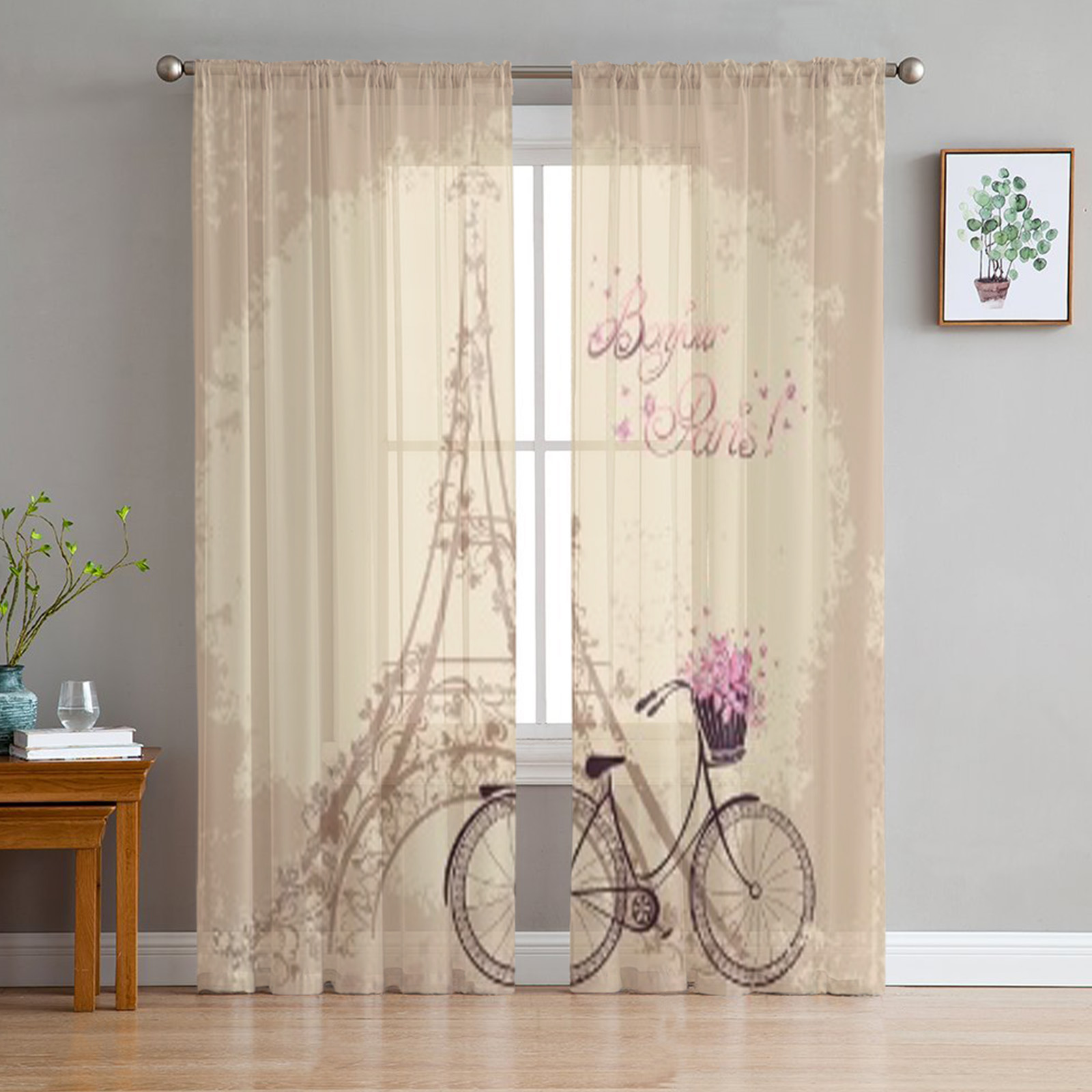 Bonjour Paris Text With Tower Eiffel And Bicycle Tulle Sheer Curtains ...