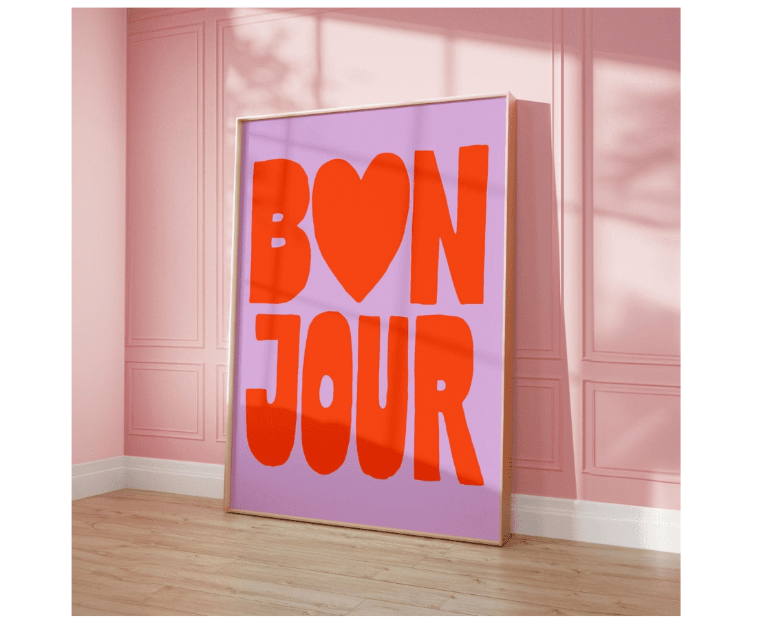 Bonjour Poster Dopamine Decor Orange & Lilac Retro Wall Art Trendy ...