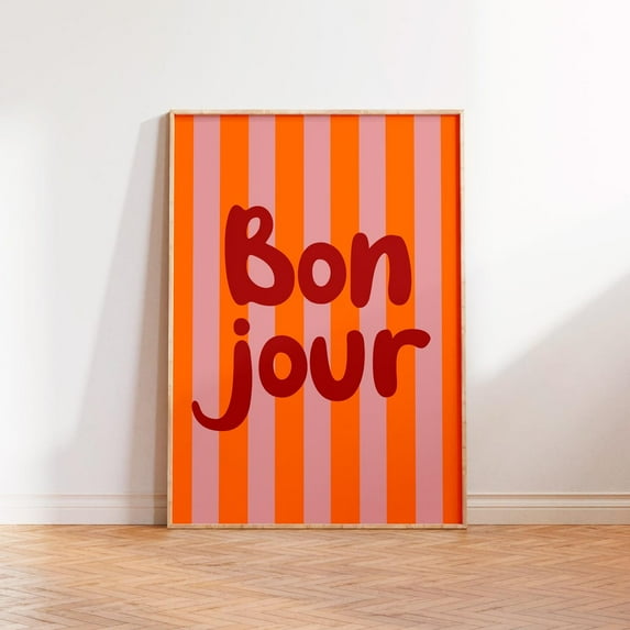 Bonjour Poster, French Typography Poster, Fun Bold Trendy Colourful Stripe Hello Hi Poster, A1 ...