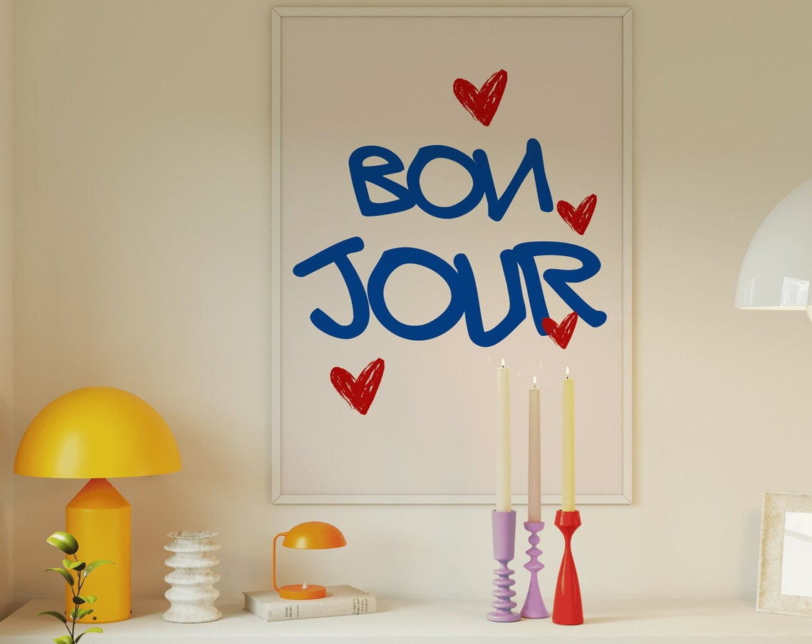 Bonjour Print ~ French Phrase Print ~ Colorful Poster ~ Parisian Cafe ...