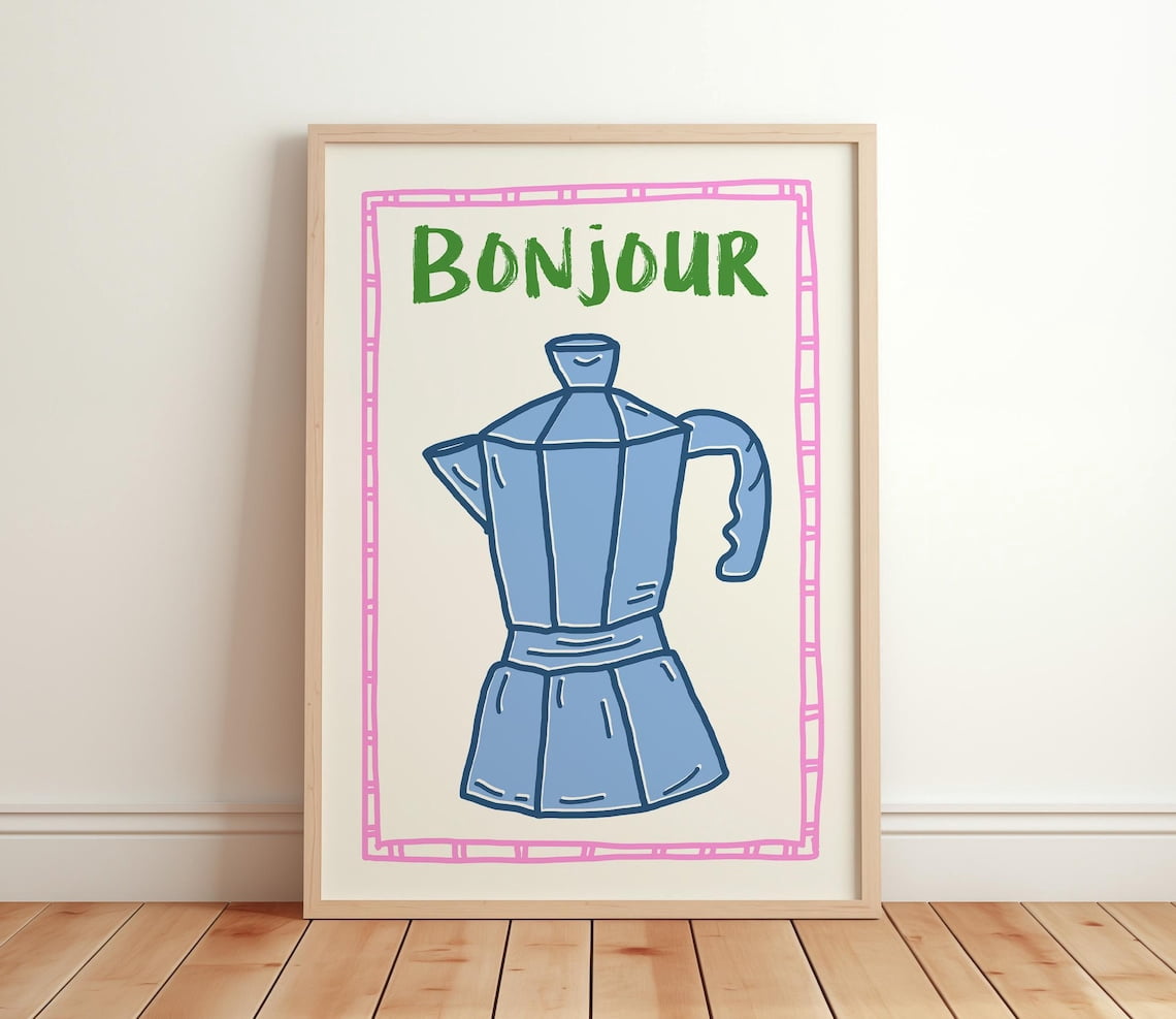 Bonjour Trendy Kitchen Wall Art Moka Pot Illustration Morning Breakfast ...