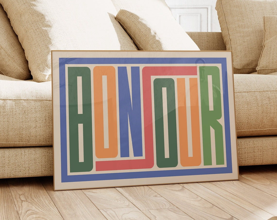 Bonjour Typography Colorful Print Mid Century Modern Wall Art Bauhaus ...