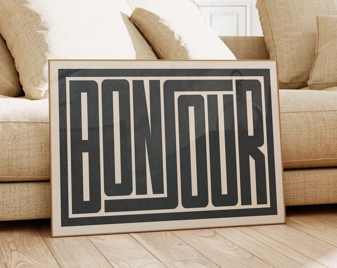 Bonjour Typography Print Mid Century Modern Wall Art Bauhaus Poster ...