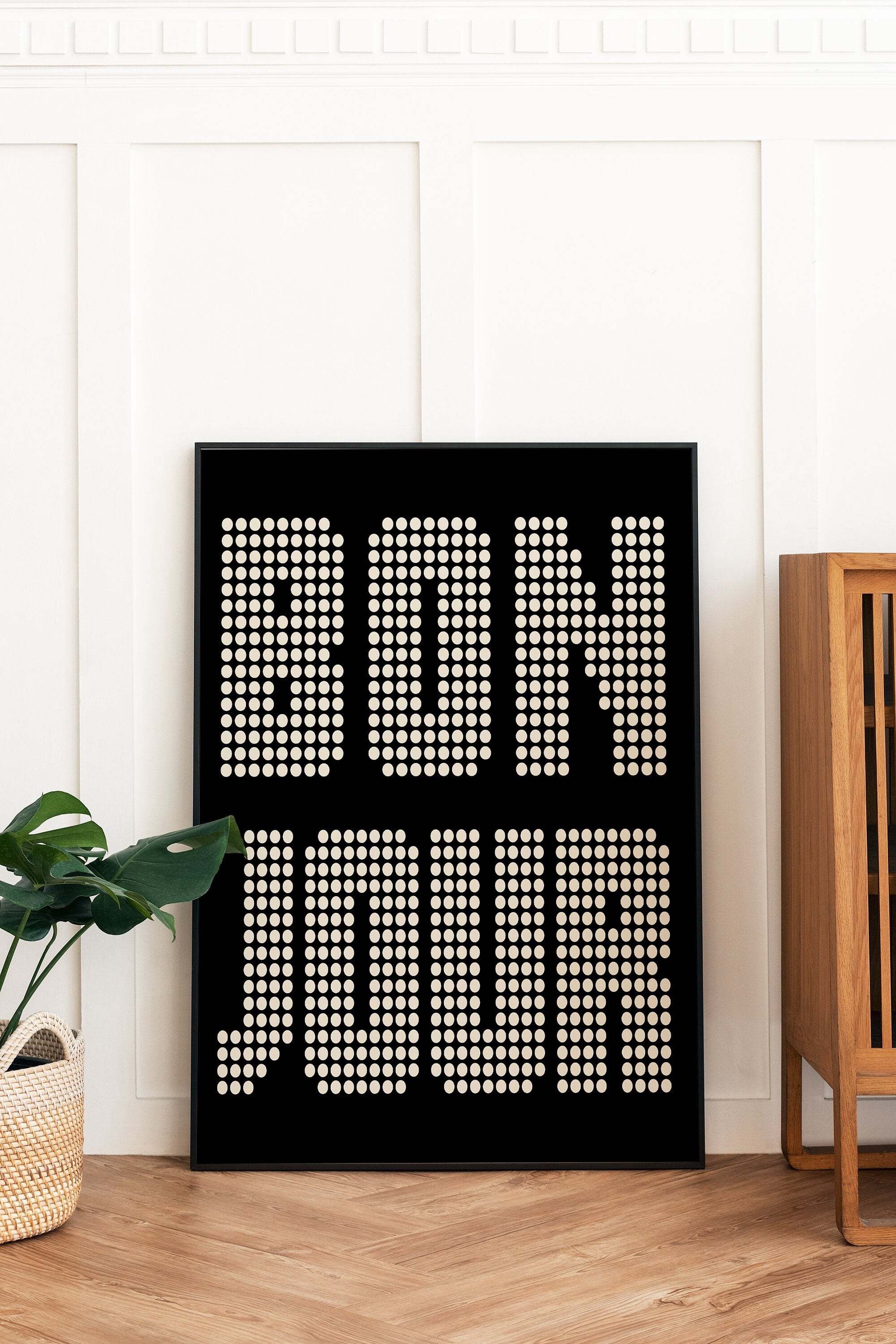 Bonjour Typography Wall Art Black And White Quote Poster, Poster Home ...