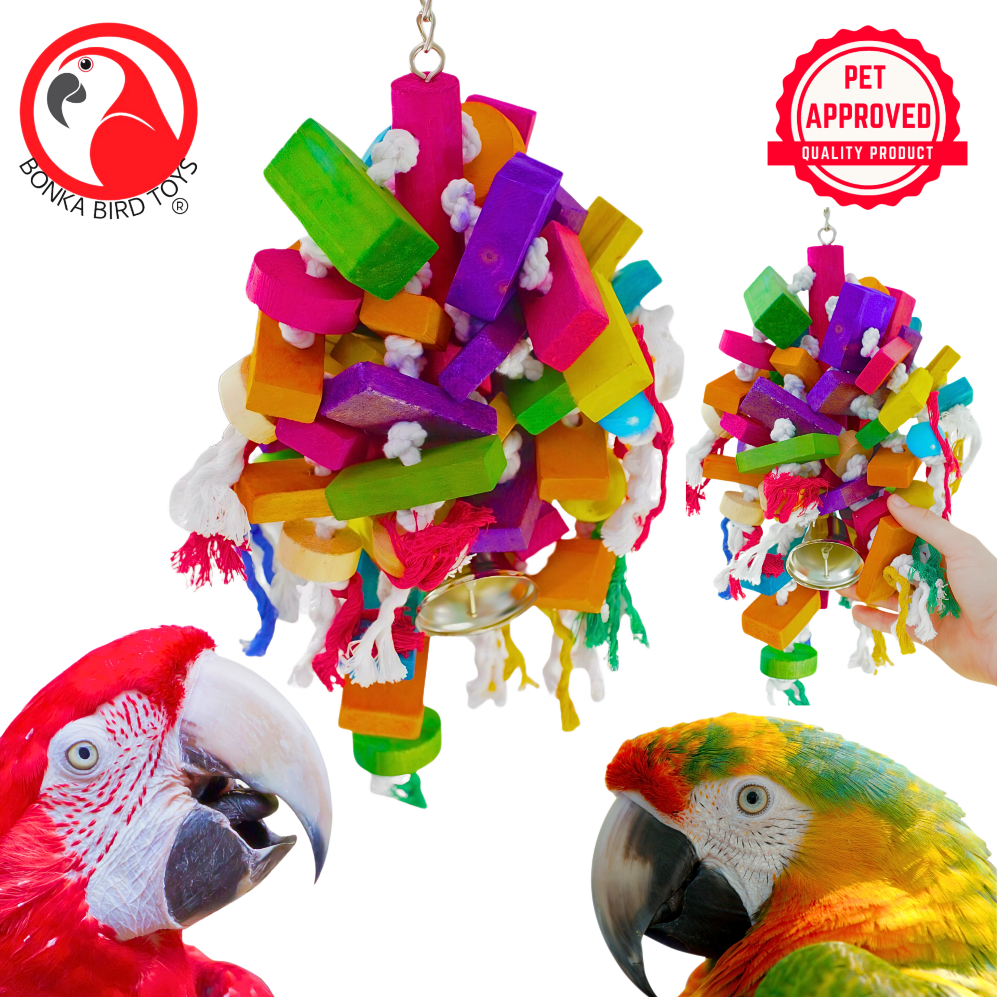 Bonka Bird Toys 1394 Huge Jumble Chew Wood Rope Bell Forage Parrot Cage ...