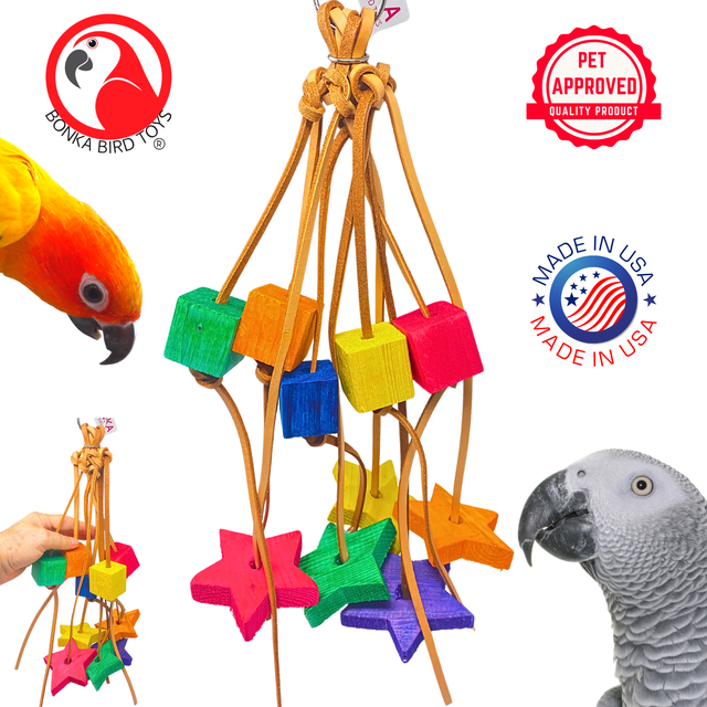 Bonka Bird Toys 1707 Shooting Star Large Wood Leather Chew Parrot Cage ...