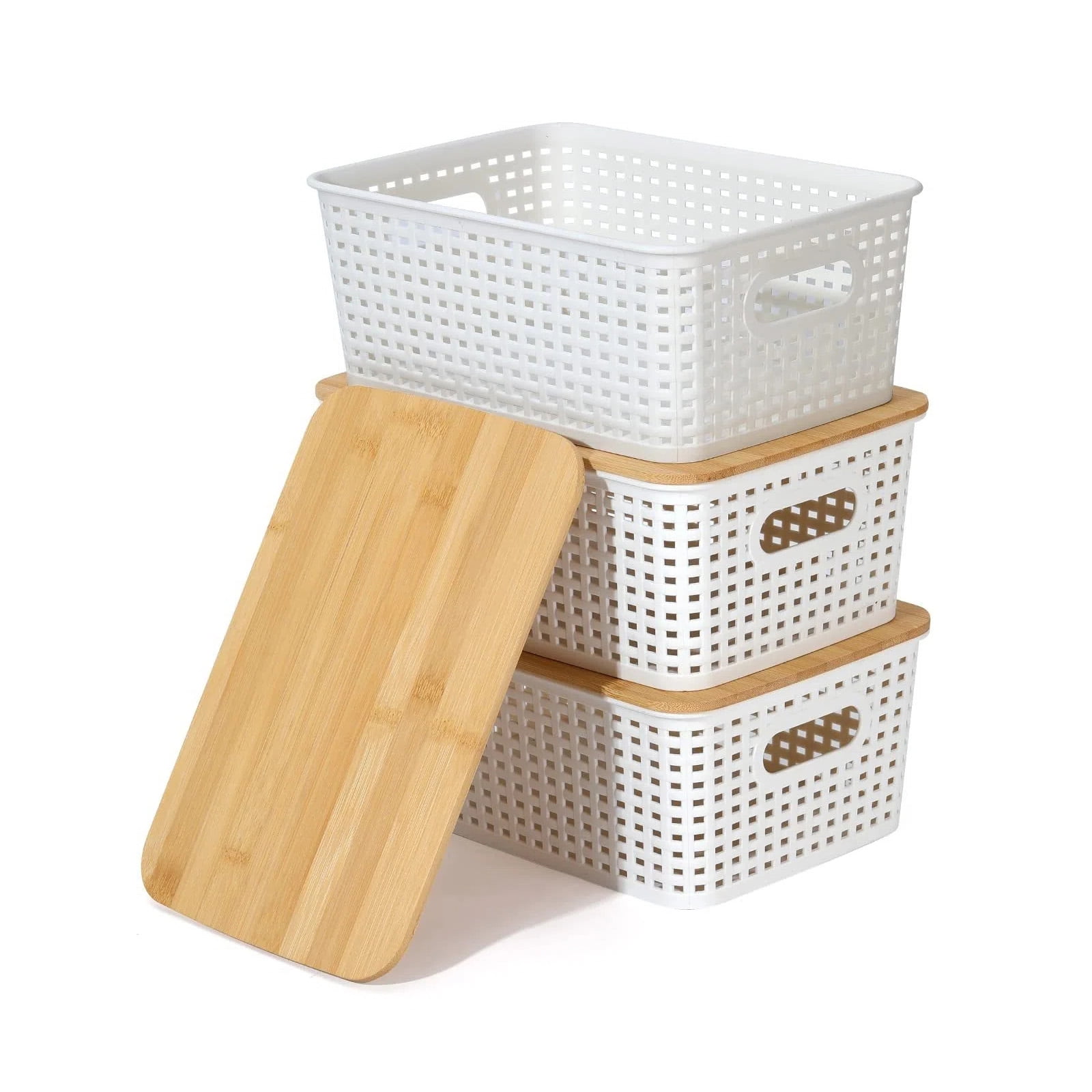 Small Plastic Storage Bins with Bamboo Lids - Decorative Storage ...