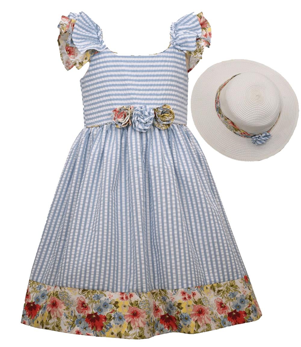 Bonnie Jean Girls 2T-4T Phoebe Seersucker Dress with Matching Hat (Blue ...