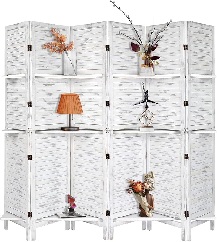 Bonnlo 6 Panels Wood Room Divider with Shelves, 6 FT Height Folding ...