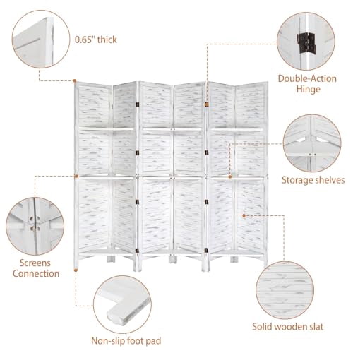Bonnlo 6 Panels Wood Room Divider with Shelves, 6 FT Height Folding ...